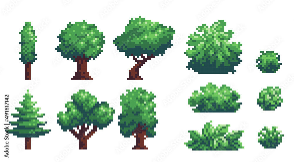 Trees and backyard bushes pixel art icon set. Forest elements logo collection. 8-bit sprite ...