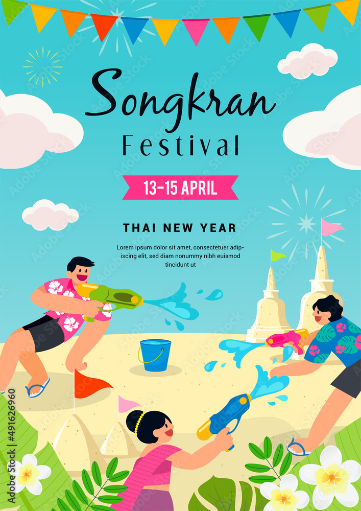 Songkran festival poster invitation vector design. Thai New Year ...