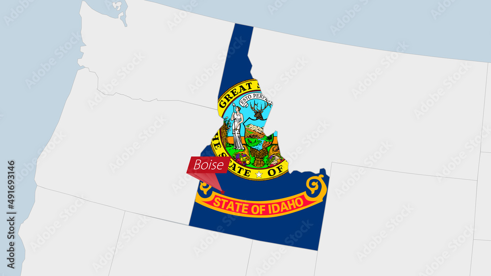 US State Idaho map highlighted in Idaho flag colors and pin of country ...