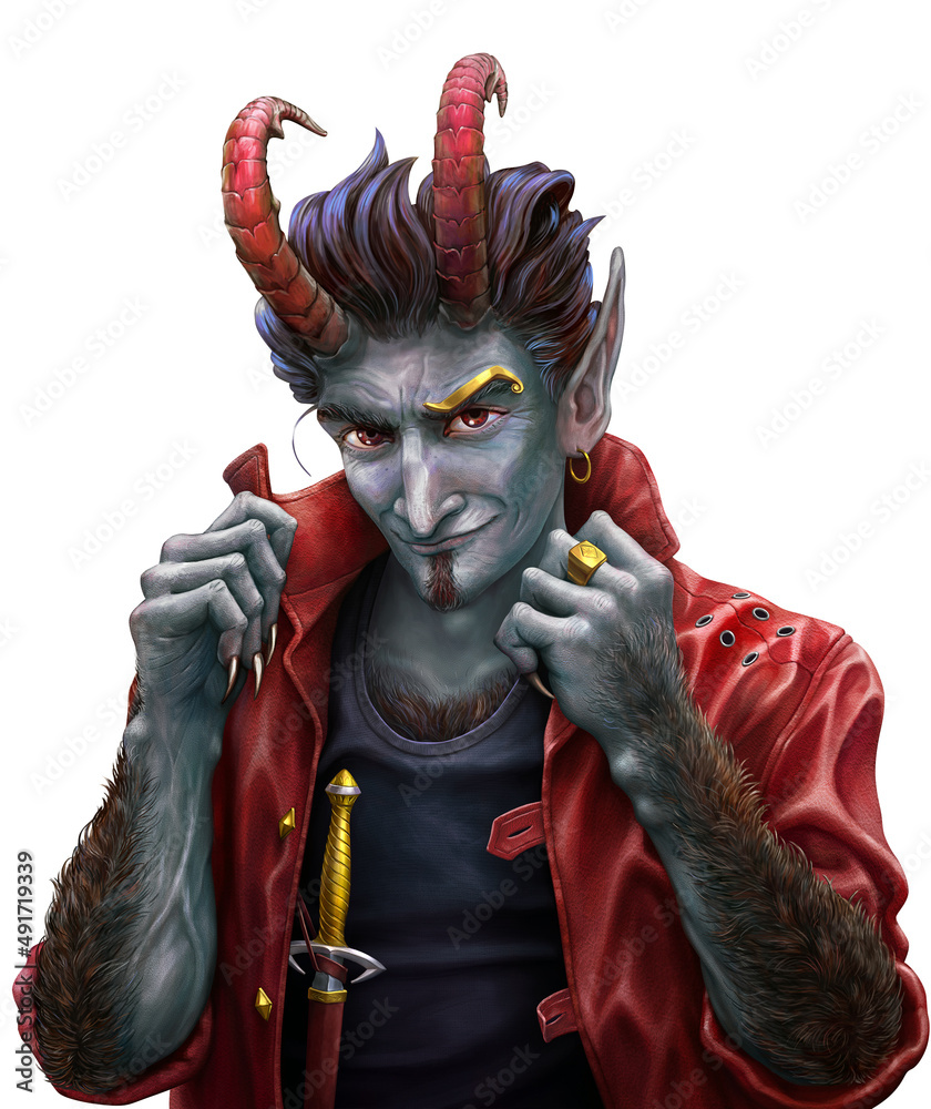 Fantasy satyr in a red leather jacket turns up his collar. Halloween ...