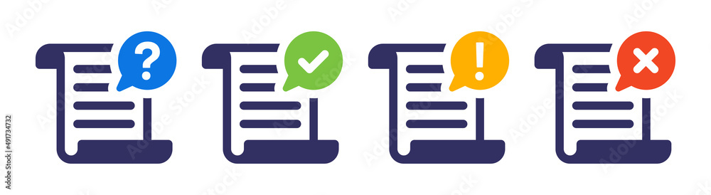 Document icon set with question mark, checkmark, exclamation mark and ...