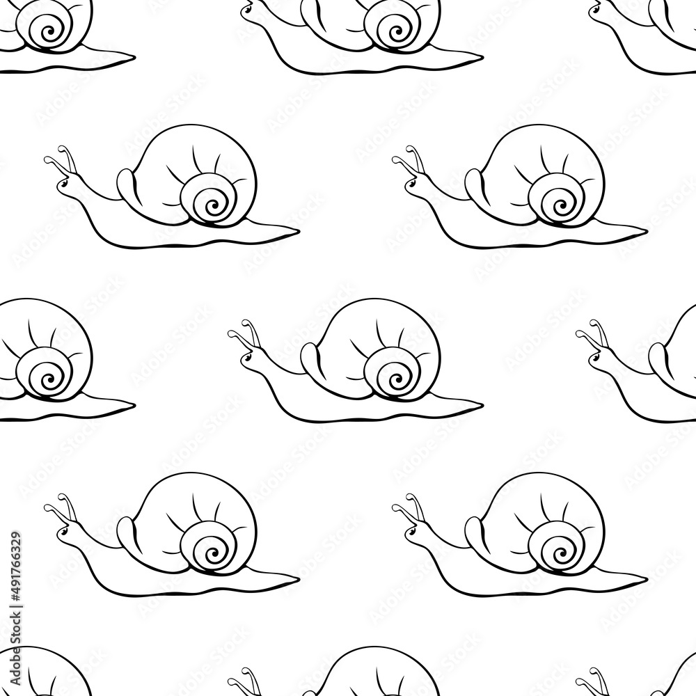 Vector seamless pattern with outline cute snails in style of sketch ...