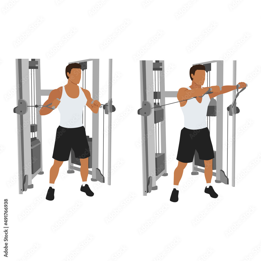 Man doing standing cable chest press exercise, Flat vector illustration ...