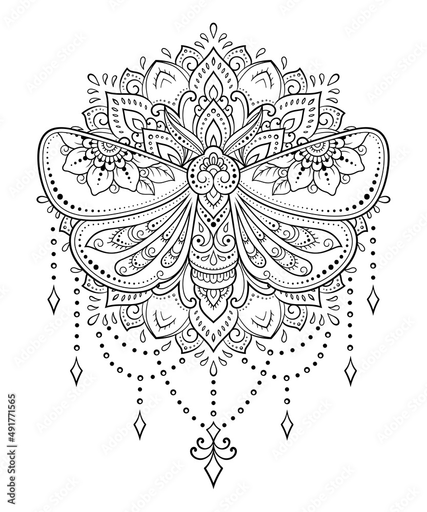 Moth decorated with Indian ethnic floral vintage pattern. Hand drawn ...