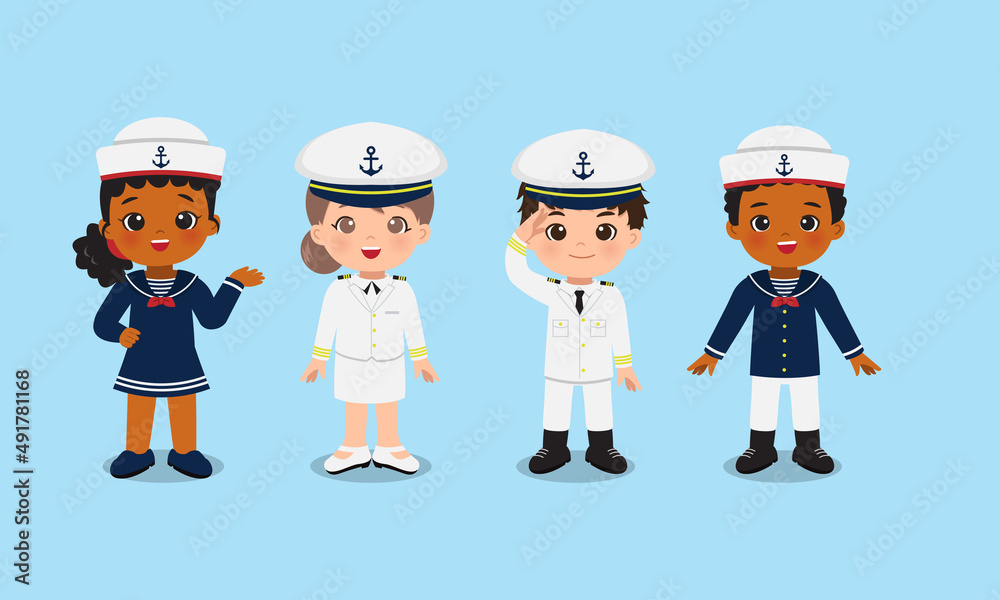 Cute boy and girl in navy sailor uniform. Flat vector cartoon design ...