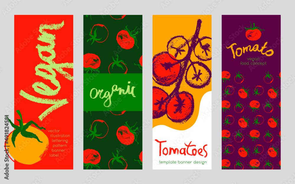 Vector design elements. Tomatoes seamless pattern, label tomato paste ...