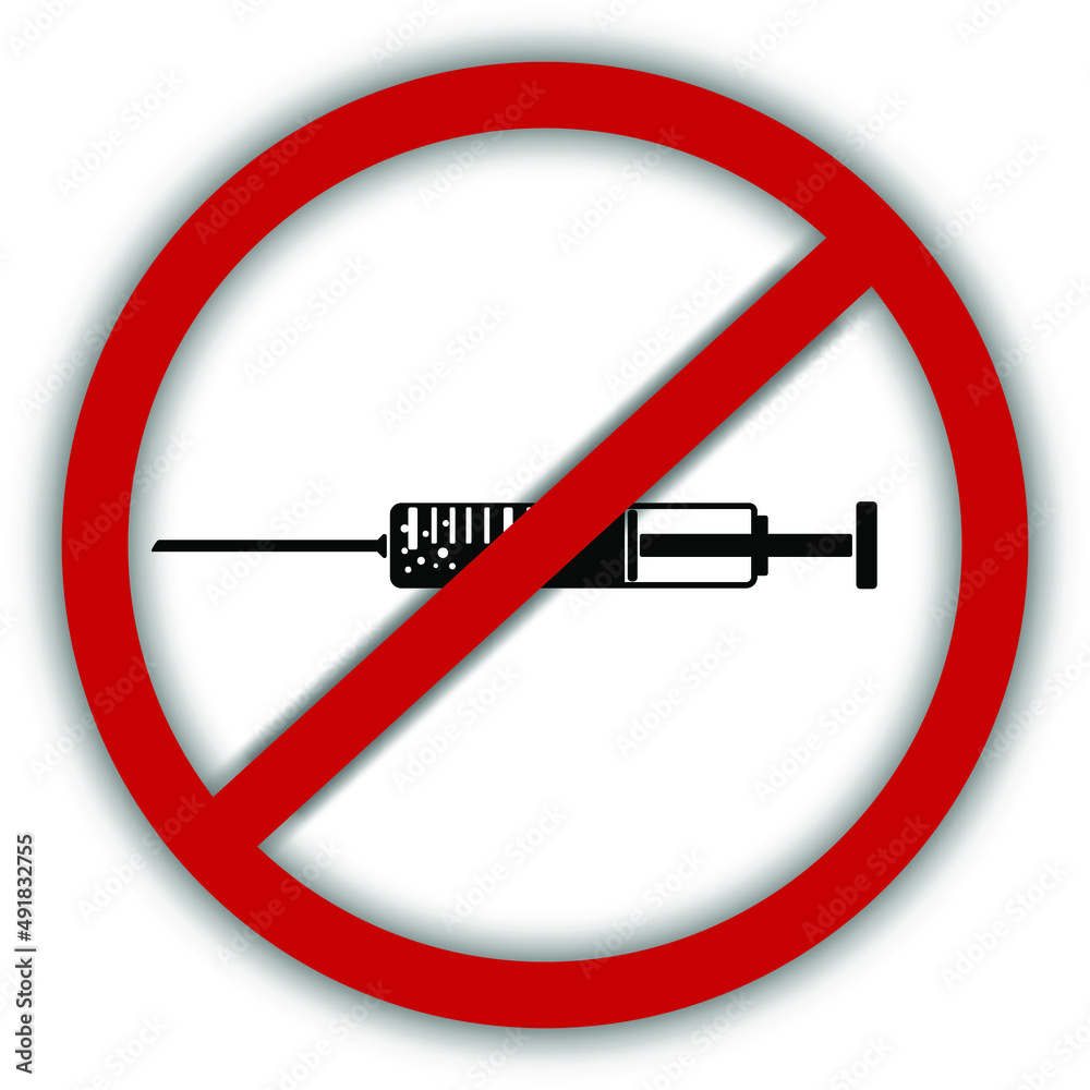 Vector image with a crossed out medical injection. The sign prohibits ...