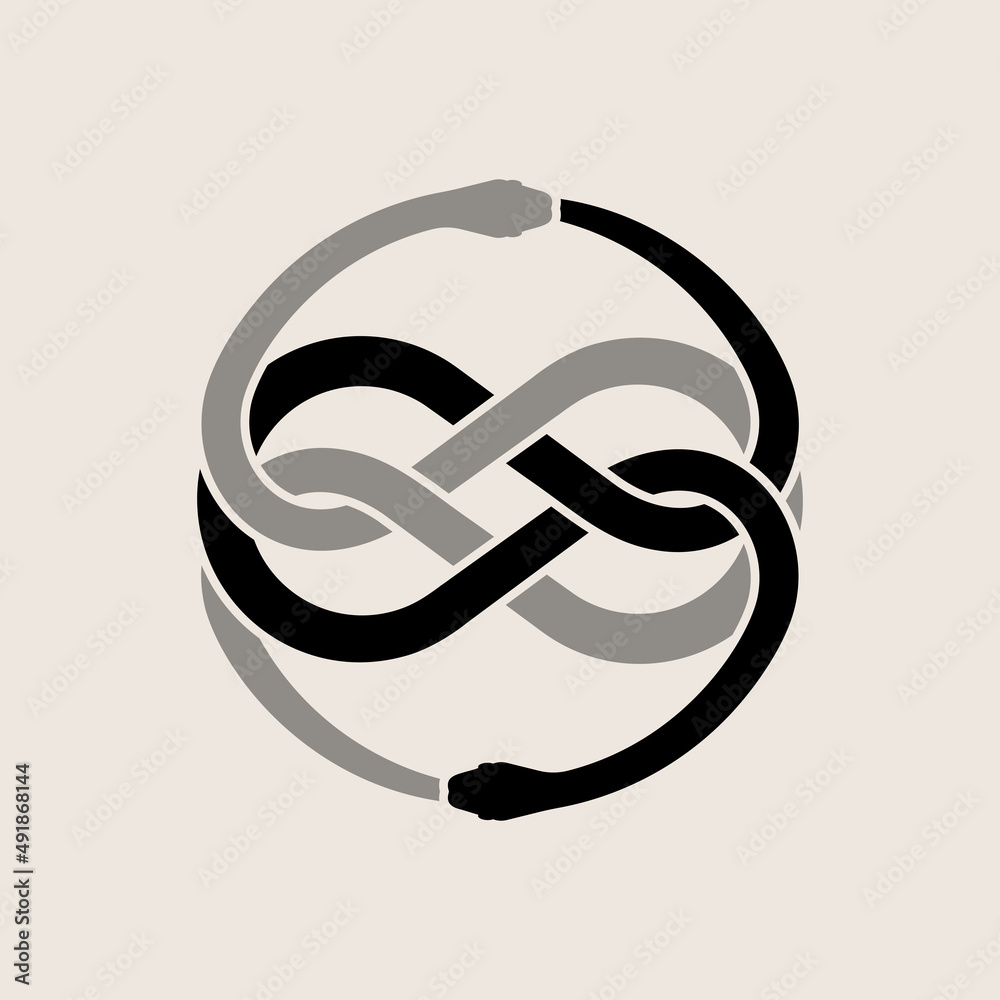Two entwined snakes, ouroboros symbol. Serpent eating its own tale ...