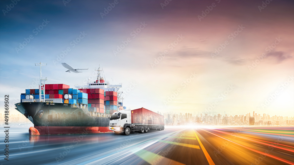 Logistics import export of containers cargo freight ship, truck ...
