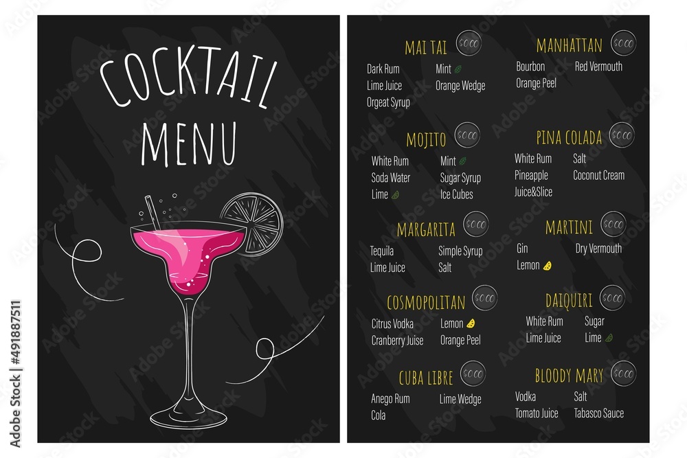 Vector cocktail menu for restaurants bars with cocktails price list and ...