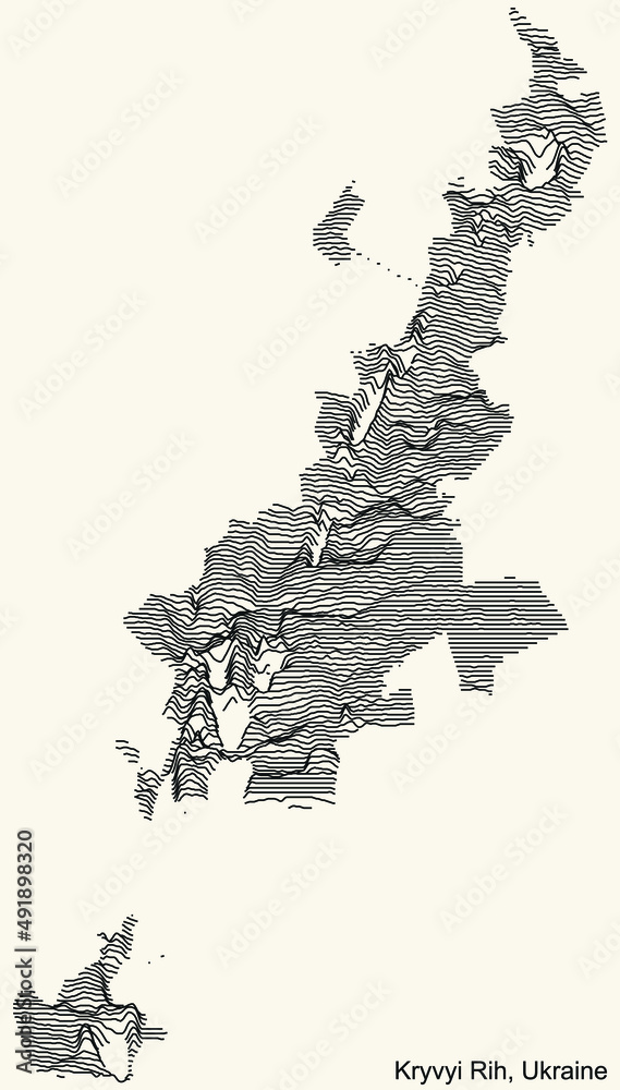 Topographic relief map of the city of KRYVYI RIH, UKRAINE with black ...
