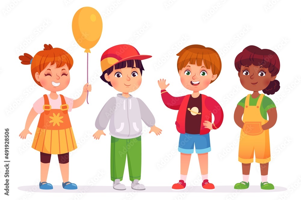Diverse group of happy cartoon kindergarten children. School or ...