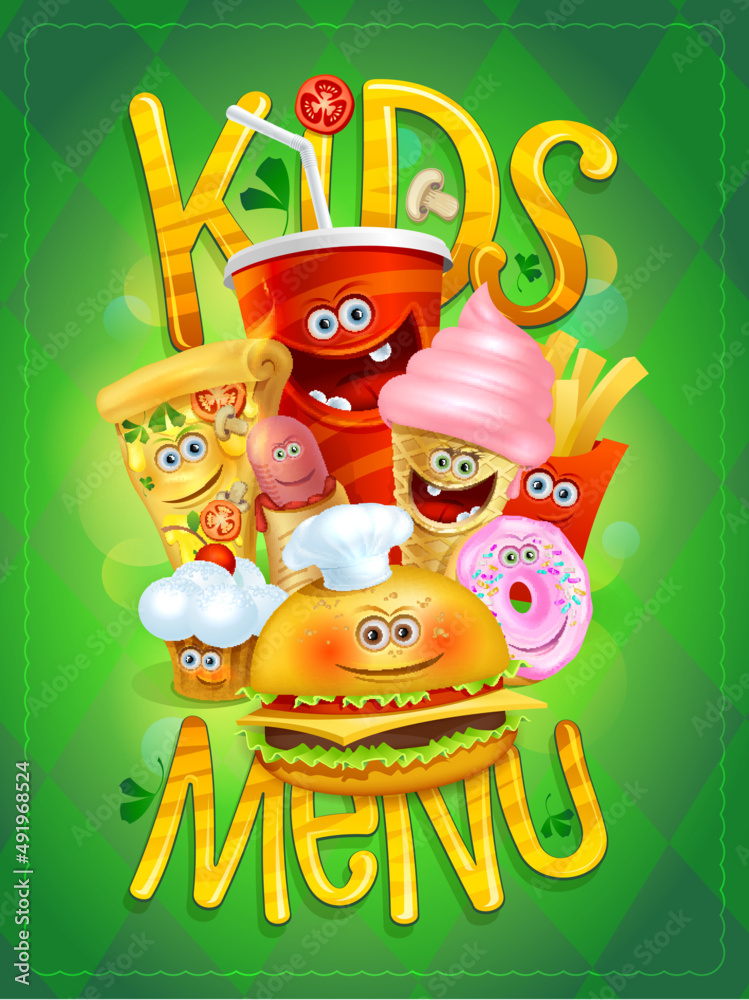 Kids menu vector card design with cartoon style drink, ice cream, pizza ...