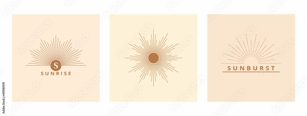 Hand drawn logo of Sun, sunburst, light rays in line art. Bohemian ...