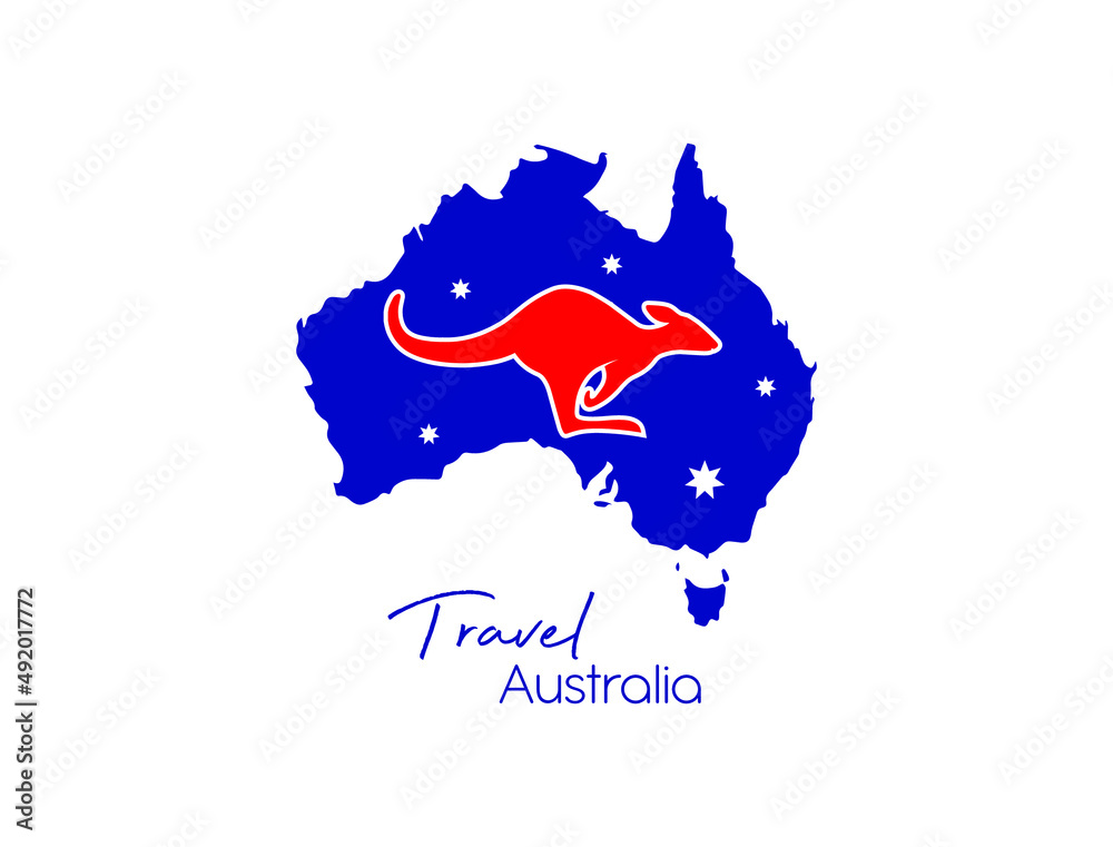 travel Australia icon, logo of kangaroo, and Australian map vector ...