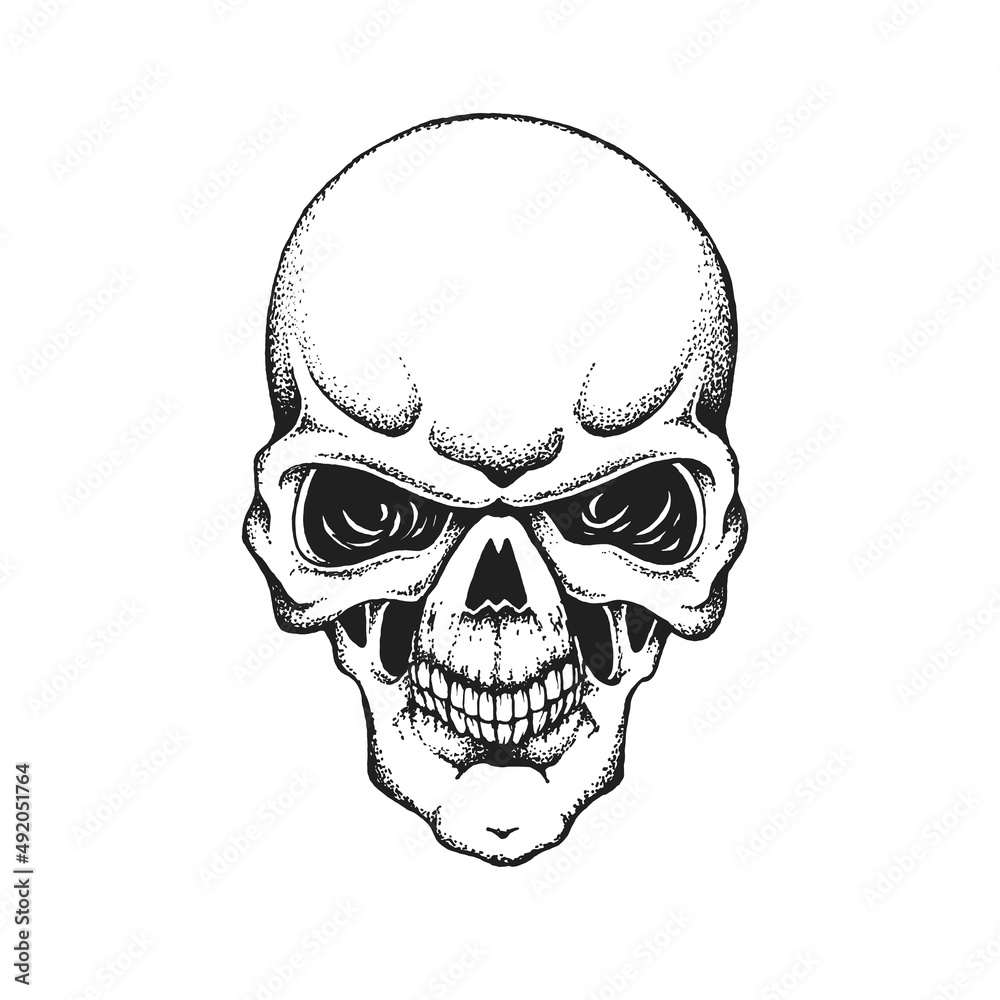 Evil Human Skull. Print or Tattoo Design. Hand Drawn Vector ...