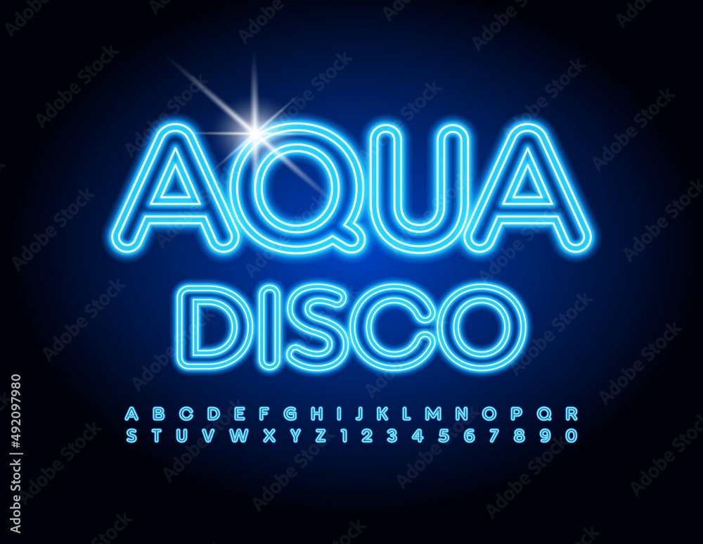 Vector bright flyer Aqua Disco. Blue glowing Font. Set of neon Alphabet ...