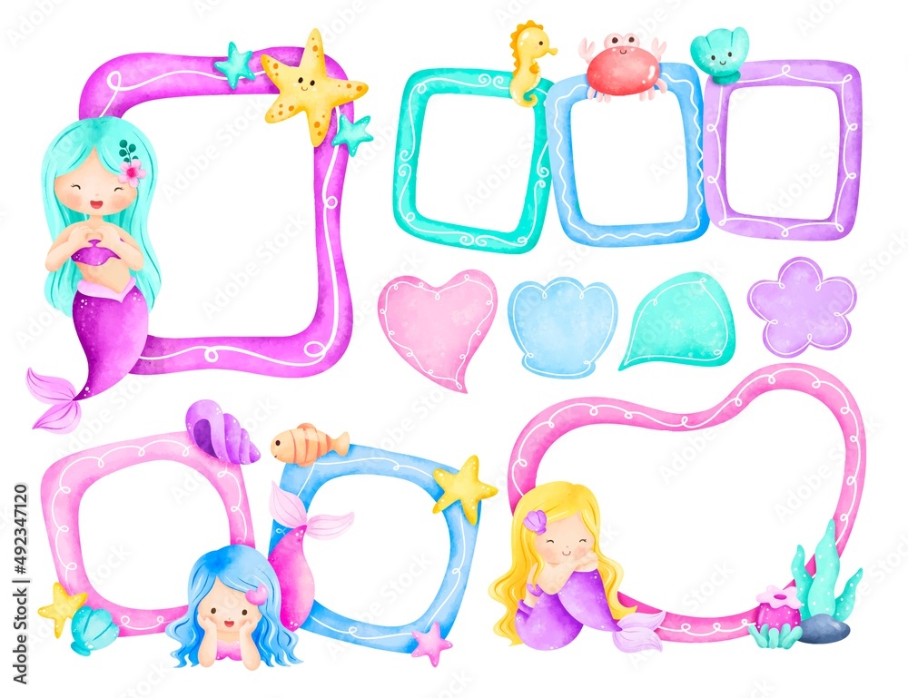 Watercolor Illustration Mermaid Frame Theme Stock Vector | Adobe Stock