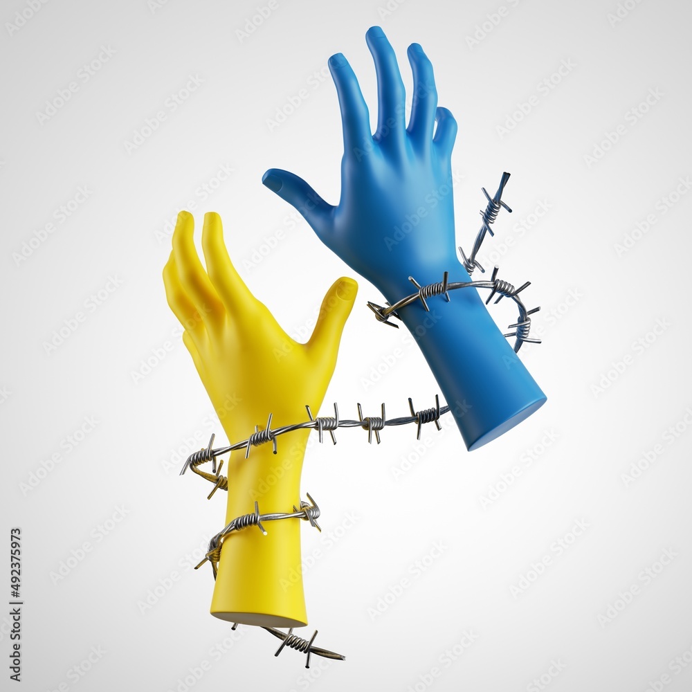 3d render, yellow and blue human hands tied with barbwire, isolated on ...