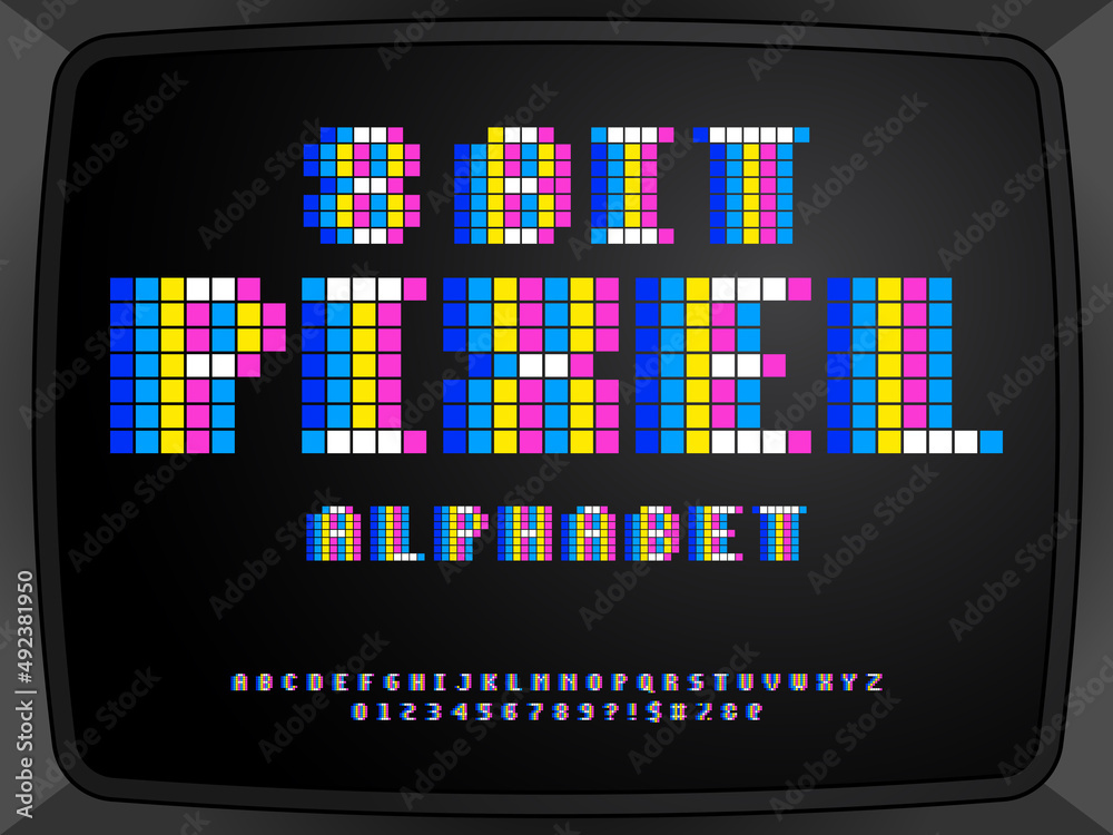 8 bit pixel style alphabet design with uppercase, numbers and symbol ...