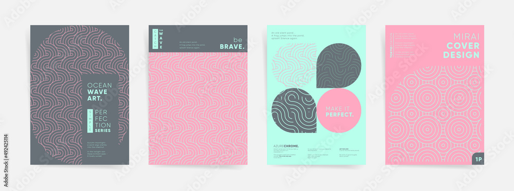 Geometric asian design template set. Japanese wavy graphic layouts ...