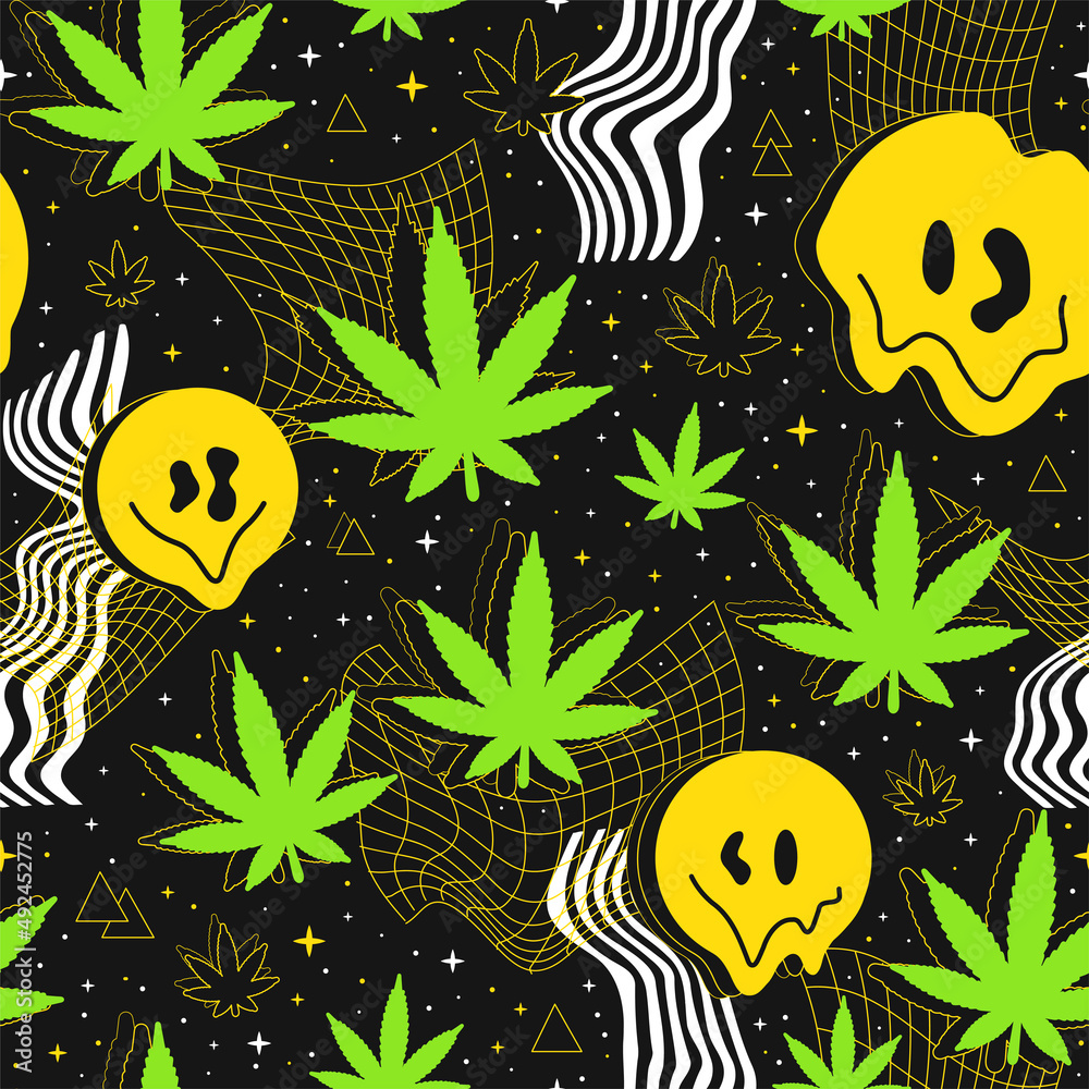 Deformed flex distorted grid in space,melt smile face,weed cannabis ...