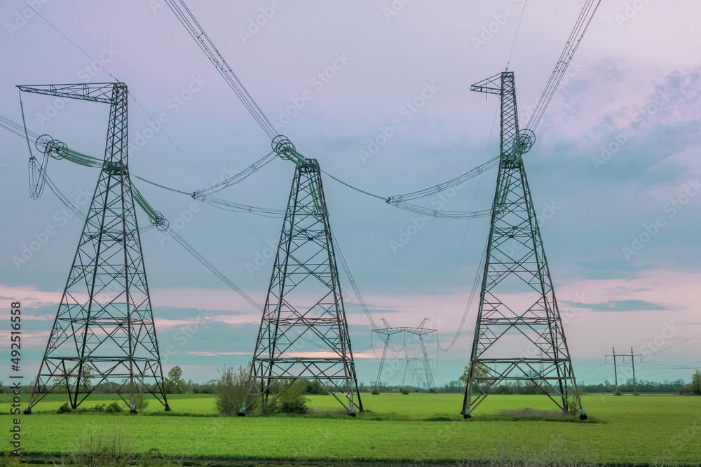 Group silhouette of transmission towers, power tower, electricity pylon ...