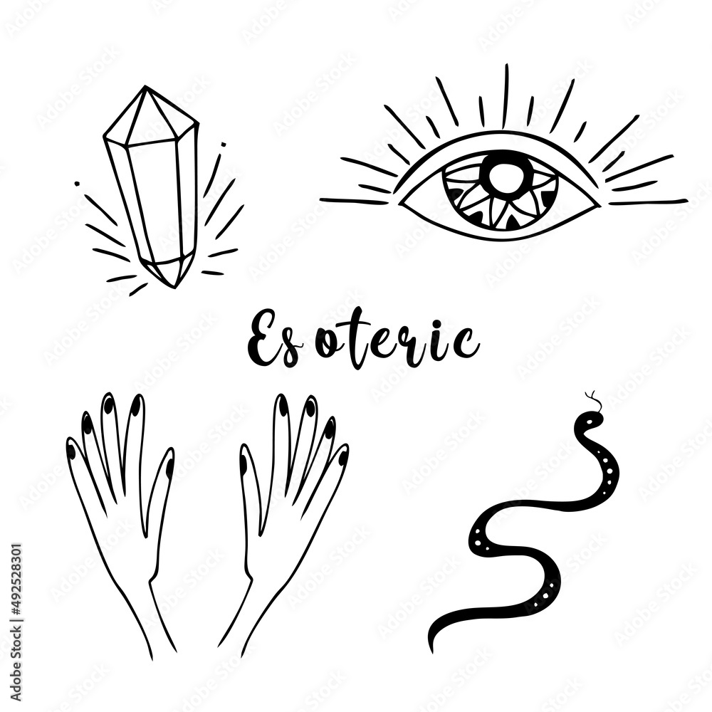 Стоковий вектор Esoteric symbols. A crystal with hands, an all-seeing ...