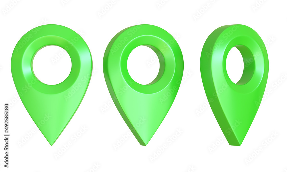 Realistic map pointer isolated on white background. Green map marker icon. 3d render 3d ...