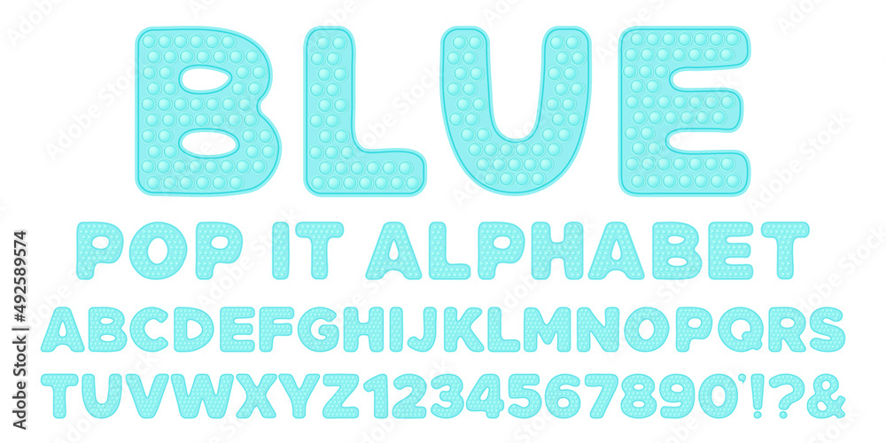 Vector de Stock Pastel blue popit alphabet and numbers set in fidget toy style. Pop it font ...