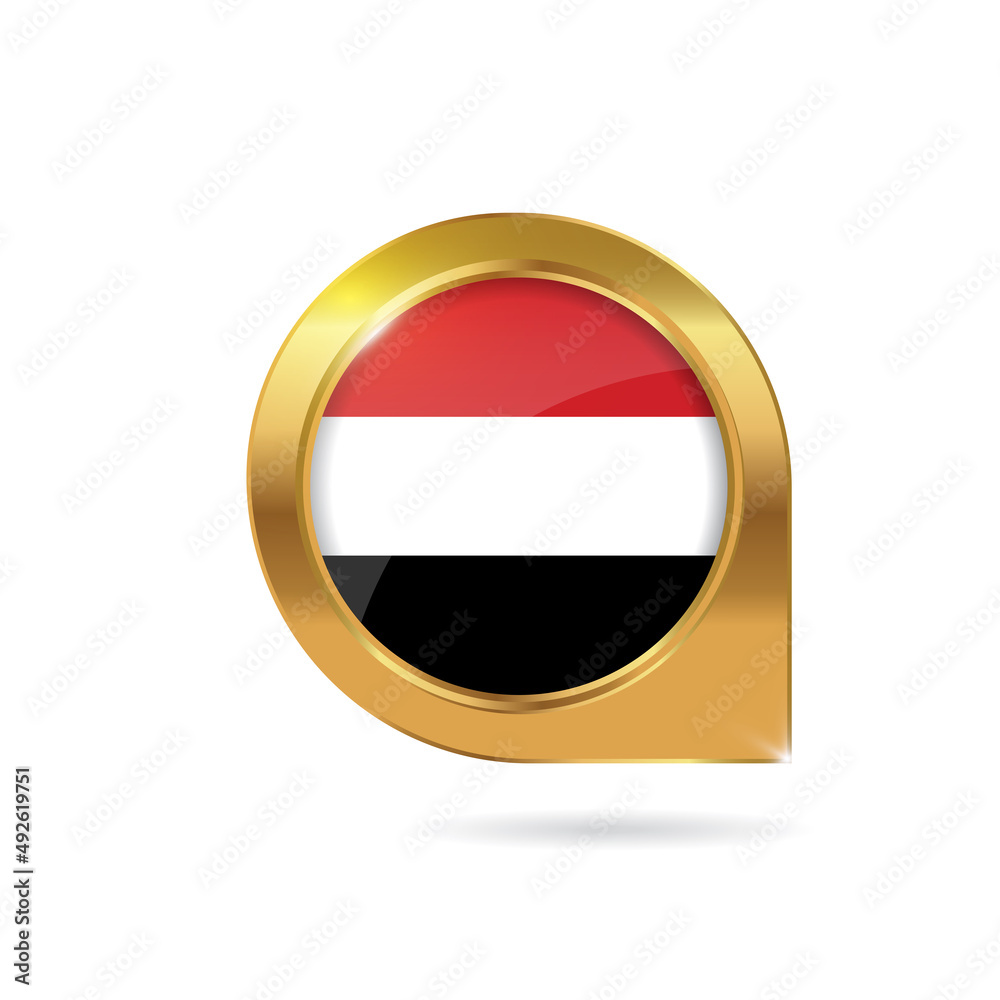 Flag of Yemen, location map pin, pointer flag, button with the reflection of light and shadow ...
