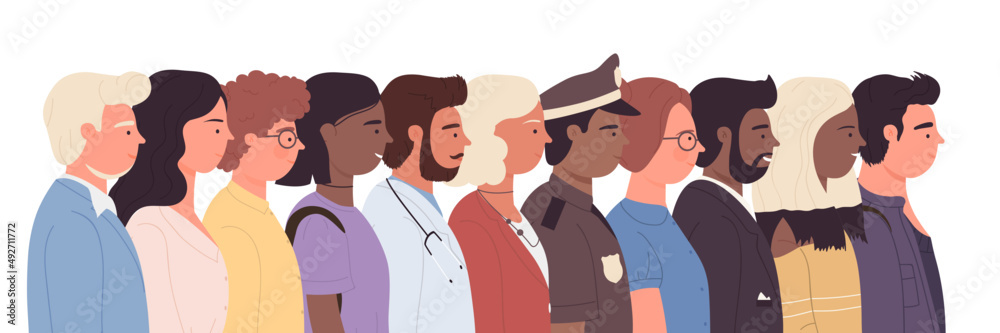 Multiracial diverse people side view. Multicultural crowd persons in ...