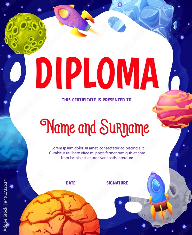 Kids diploma of space voyager, cartoon fantastic space rockets and ...