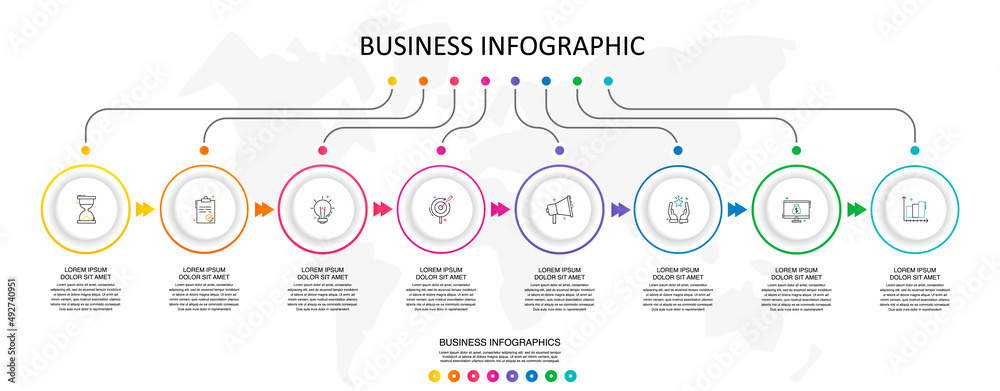Vector 8 step line infographic labels with icons and squares. Modern ...