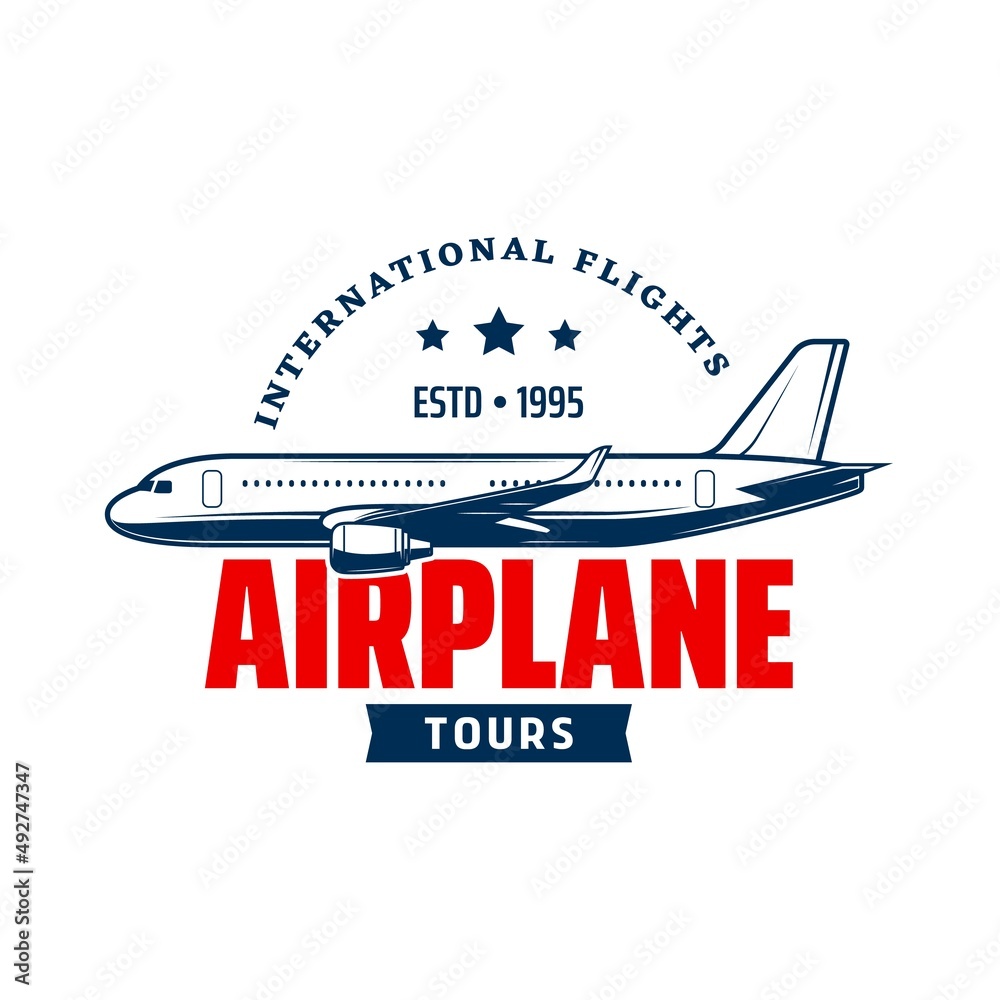 Airplane tours, airline travel icon. Vacation tours aircraft flight ...