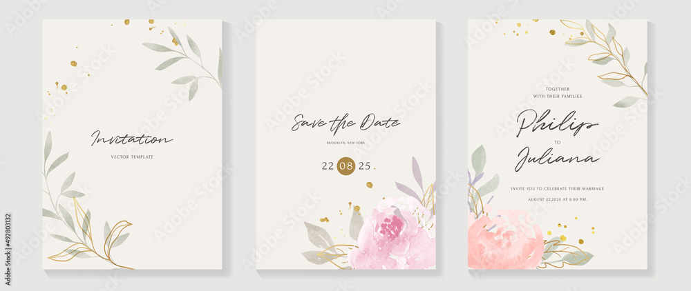 Floral and botanical line art invitation card template. Set of hand ...