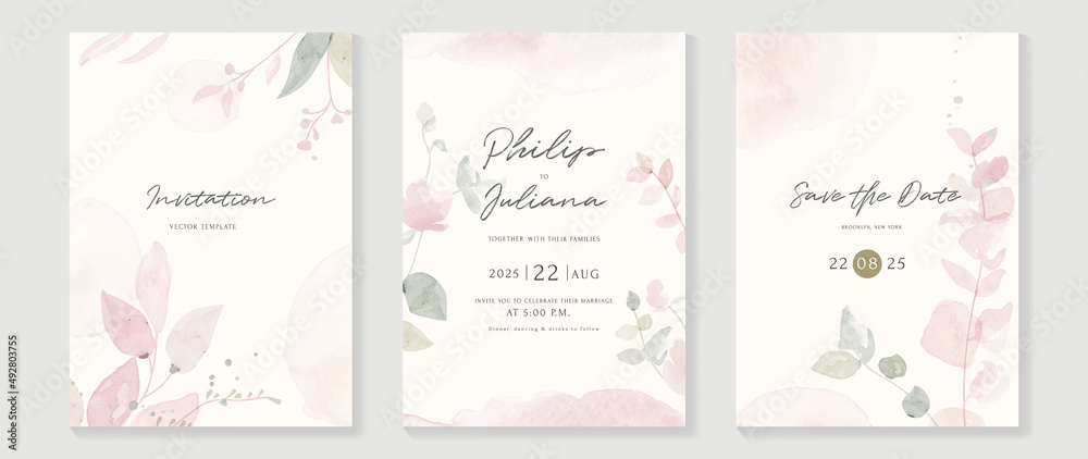 Floral and botanical line art invitation card template. Set of hand ...
