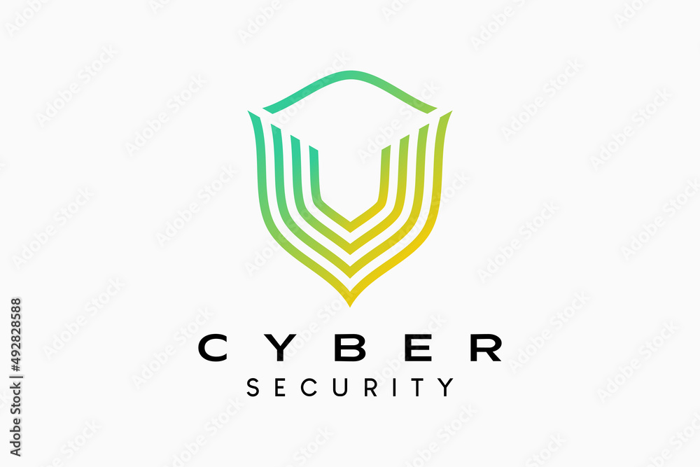 Cyber security logo design with shield concept in u shape line art ...
