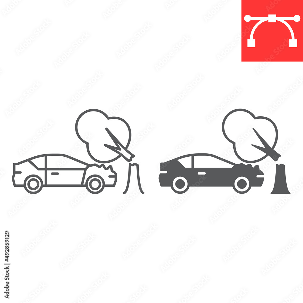 Tree falling on car line and glyph icon, insurance and crash, tree ...