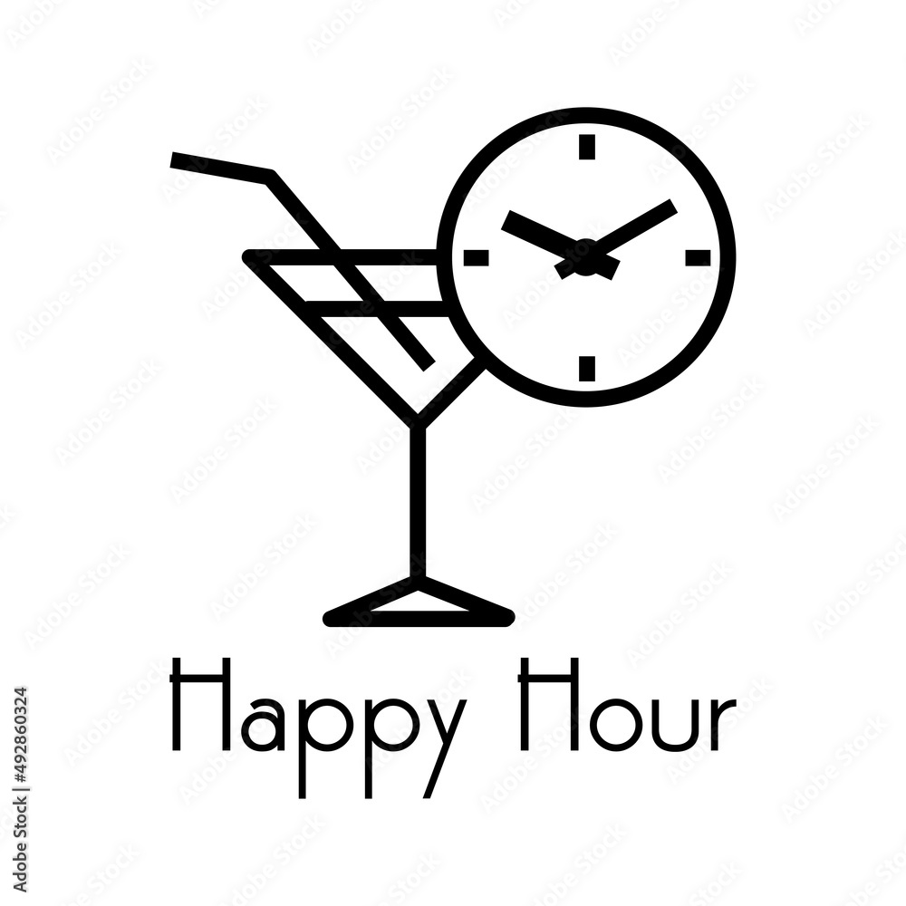 Logotipo con texto Happy Hour con silueta de copa de cocktail con ...