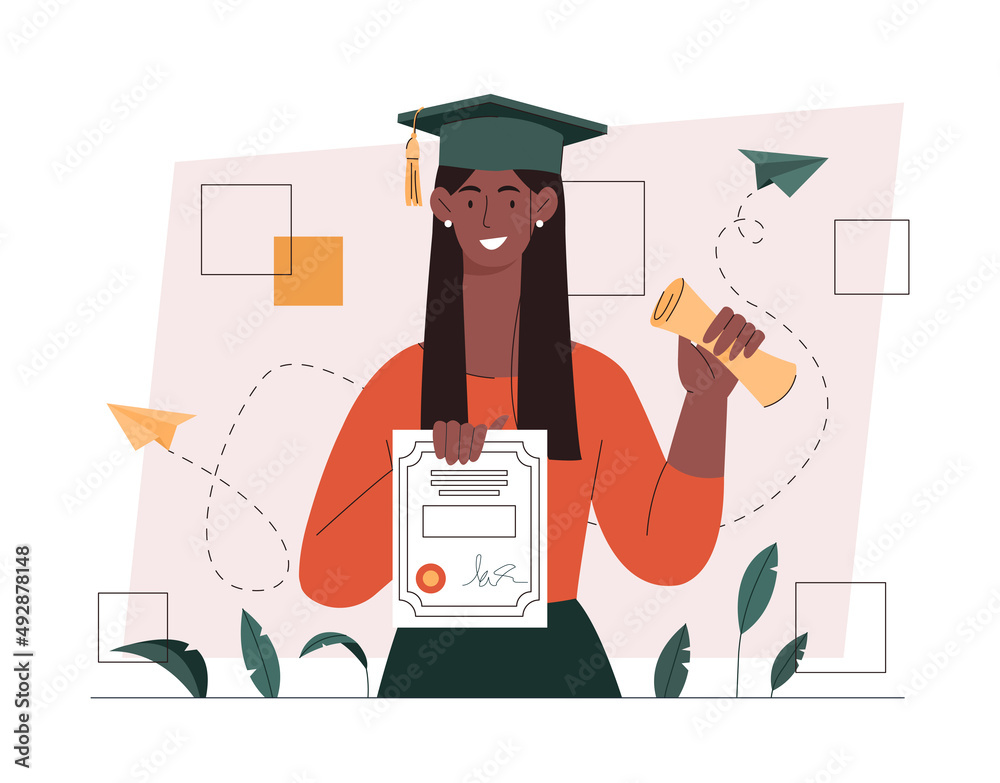 Academic degree concept. Female student smiles with diploma, girl ...
