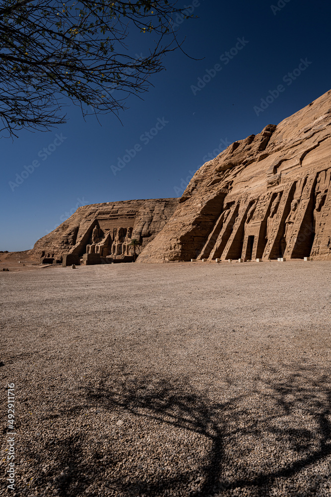 Aswan landmarks. Abu Simbel temple in Aswan. Traveling girl. Ramses the ...