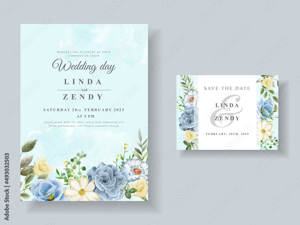 Beautiful blue flowers wedding invitation card template Stock Vector ...