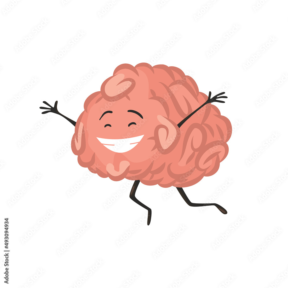 Brain character emotion. Intelligence emoji is smiling. Cute hero brain ...