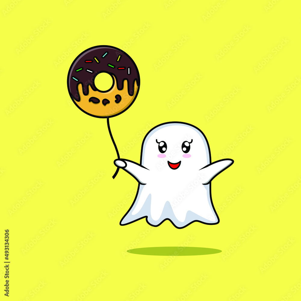 Cute cartoon ghost floating with donuts balloon cartoon vector ...