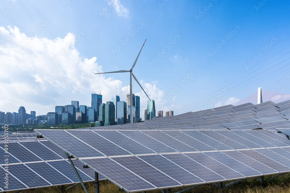 solar panels and turbines Stock Photo | Adobe Stock