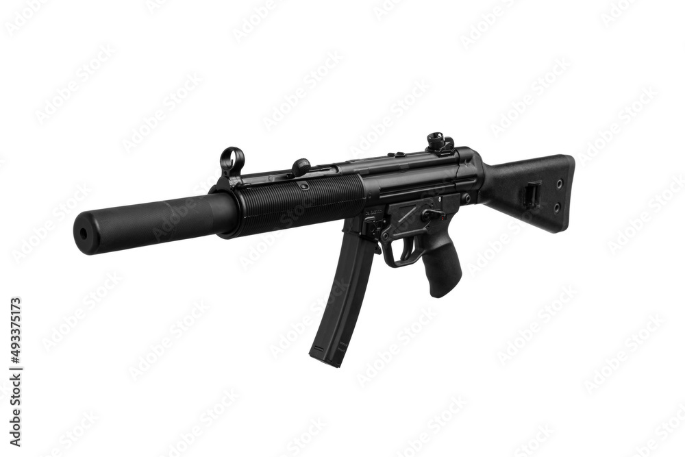 Submachine gun mp5. Small rifled automatic weapon caliber 9mm. Armament ...