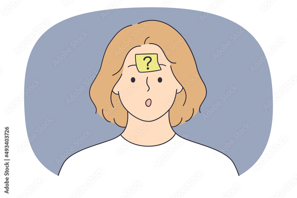 Confused woman have sticker note with question mark on forehead feel ...