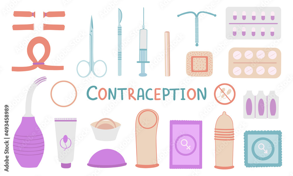 Vetor Contraception set. Birth control. Vaginal, ring, douche, condom ...