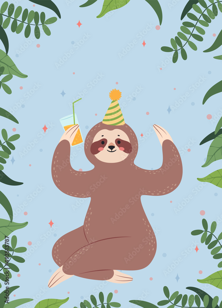 Vector de Stock Cartoon sloth card, happy sloths sleeping or hanging ...